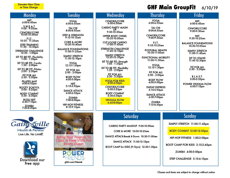 GHF Class Schedule Preview - Gainesville Health & Fitness